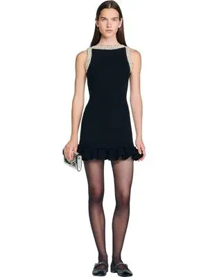 Sandro Sleeveless Mini Knit Dress With Pearl Embellishments - Black