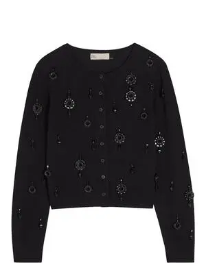 Tory Burch Embellished Wool And Cashmere-blend Cardigan - Black