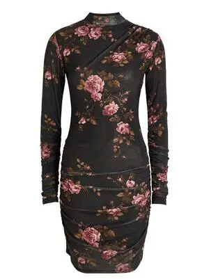 REFORMATION Floral-print Ruched Mini Dress - Black