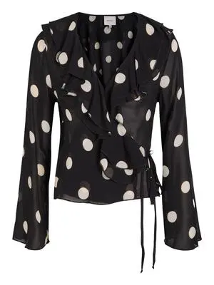 REFORMATION Kilah Polka Dot Silk-georgette Wrap Blouse - Black