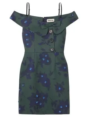 SHUSHU/TONG Asymmetric Embellished Floral-print Mini Dress - Green
