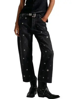 Free People Embroidered Barrel Leg Jeans - Starry Night