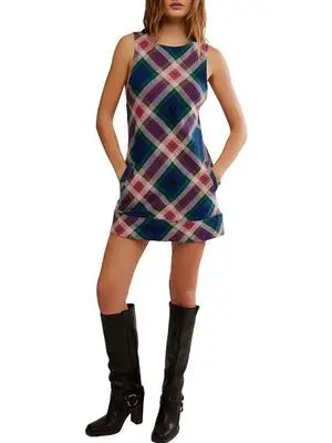 Free People Plaid Mini Shift Dress - Berry Combo