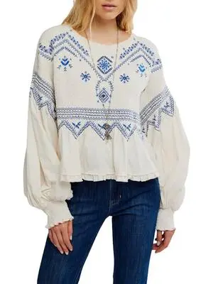 Free People Holly Smocked Embroidered Top - Eggnog Combo