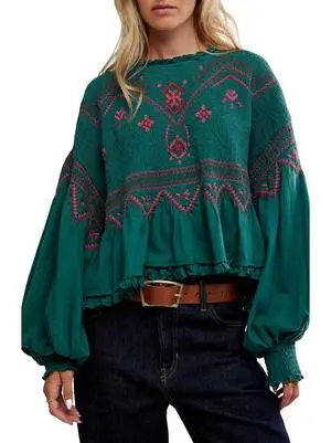 Free People Holly Smocked Embroidered Top - Green Combo