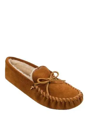 Minnetonka Faux Fur Lined Suede Slipper - Brown