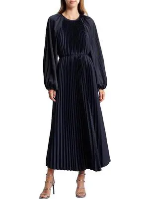 Julia Jordan Pleated Long Sleeve Midi Dress - Navy