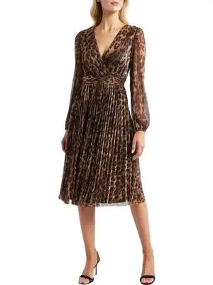 Halogen Metallic Leopard Print Long Sleeve Midi Dress - Brownstone