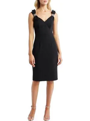 Eliza J V-neck Bow Embellished Sheath Dress - Black