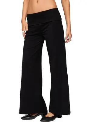 EDIKTED Wide Leg Foldover Pants - Black