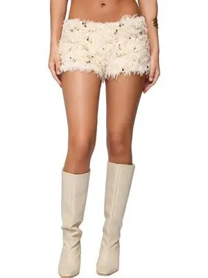 EDIKTED Sequin Faux Feather Microshorts - Cream