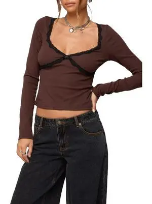 EDIKTED Contrast Lace Crop Top - Brown