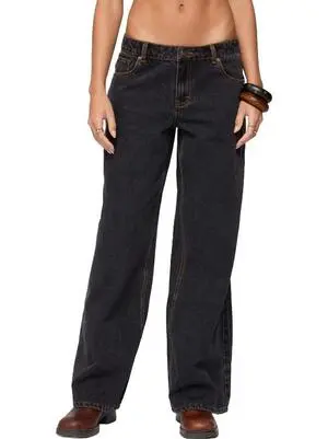 EDIKTED Contrast Stitch Low Rise Wide Leg Jeans - Black-washed