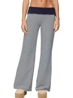 EDIKTED Striped Fold-over Pants - Navy-and-white