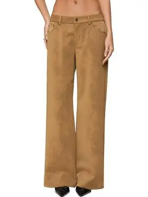 EDIKTED Stacey Low Rise Wide Leg Faux Suede Pants - Brown