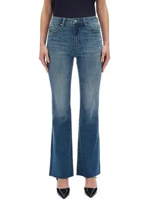 BAYEAS Raw Hem Mid Rise Flare Jeans - Medium Blue