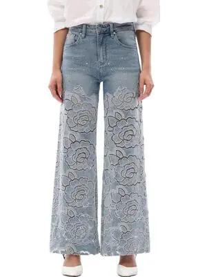 BAYEAS Rhinestone Eyelet Wide Leg Jeans - Retro Light Blue