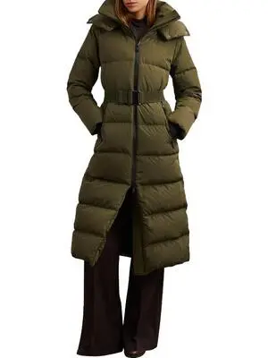 REISS Colette Quilted Longline Puffer Jacket - Khaki