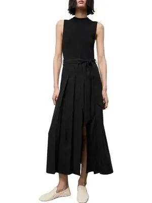 Mango Mixed Media Pleated Midi Dress - Black