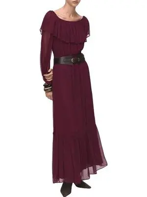 Mango Ruffle Off-the-shoulder Long Sleeve Maxi Dress - Burgundy