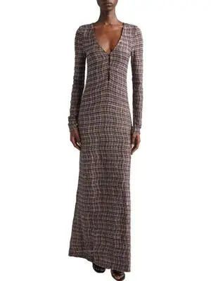 Missoni Long Sleeve Sequin Check Wool Blend Dress - Pink And Brown Tones