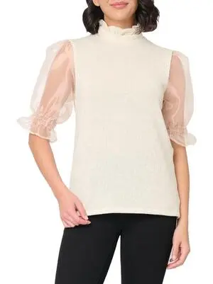 GIBSONLOOK Mixed Media Organza Sleeve Metallic Knit Top - Champagne