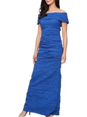 Alex Evenings Crinkle Off-the-shoulder Stretch Taffeta Gown - Royal