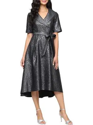 Alex Evenings Faux Wrap Metallic Jacquard Cocktail Midi Dress - Gunmetal