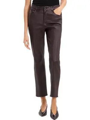 Theory Glossed Leather Straight Leg Pants - Plum Brown