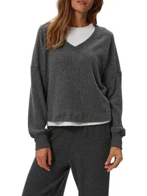 Michael Stars Salma Waffle Stitch V-neck Knit Top - Charcoal