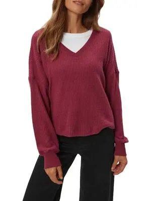 Michael Stars Salma Waffle Stitch V-neck Knit Top - Garnet