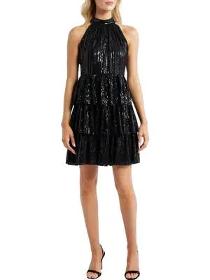 Eliza J Sequin Tiered Halter Party Dress - Black