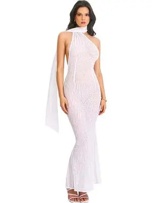 MISS CIRCLE Burnout Velvet Mesh Halter Neck Maxi Dress - White