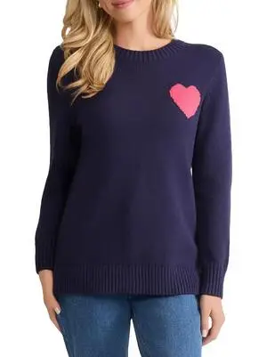 Jones New York Heart Intarsia Cotton-blend Sweater - Pacific Navy/fresh Guava