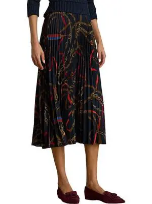Ralph Lauren Printed Pleated Georgette Midi Skirt - Navy Multi