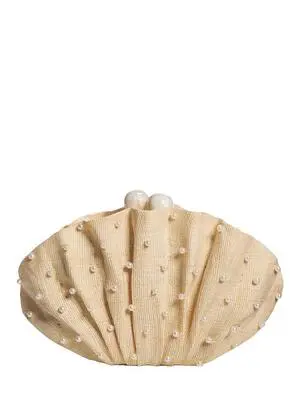 Poolside Folded Clutch With Faux Pearl Embroidery - Natural