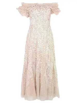 NEEDLE & THREAD Sequin-embellished Off-shoulder Midi Dress - Neutrals