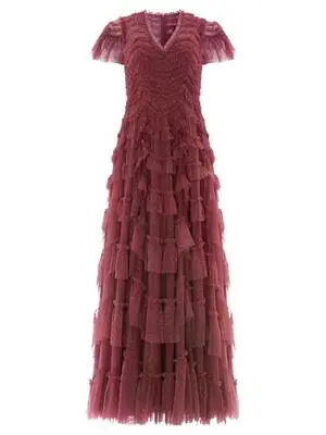 NEEDLE & THREAD Aviana Ruffled V-neck Maxi Dress - Red