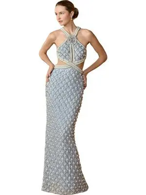 MAC DUGGAL COLLECTION Embellished Halterneck Column Gown - Blue