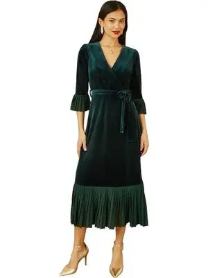 YUMI Velvet Midi Wrap Dress With Pleated Details - Green