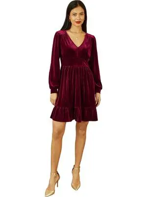 YUMI Velvet Long Sleeve Skater Dress - Burgundy