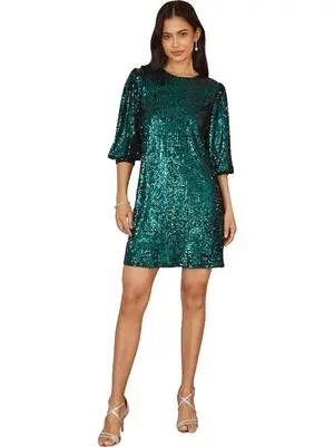 YUMI Balloon Sleeve Sequin Mini Dress Green