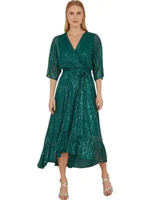 YUMI Sequin Kimono Wrap Midi Dress Green