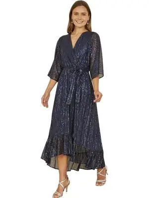YUMI Sequin Kimono Wrap Midi Dress - Navy