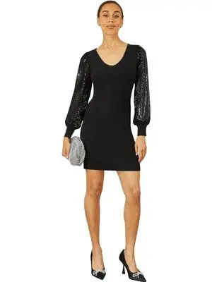 YUMI Sequin Sleeve Knitted Fitted Dress - Black
