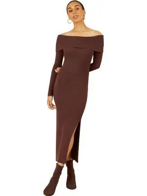 YUMI Bardot Knitted Fitted Midi Dress - Brown
