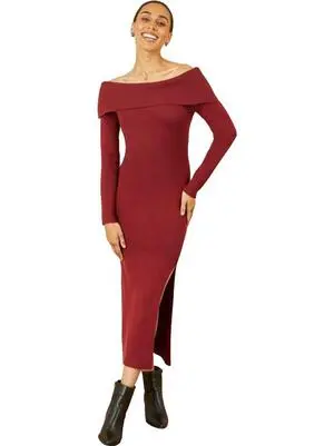 YUMI Bardot Knitted Fitted Midi Dress - Burgundy