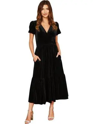 YUMI Velvet Midi Dress With V-neckline And Tiered Skirt - Black