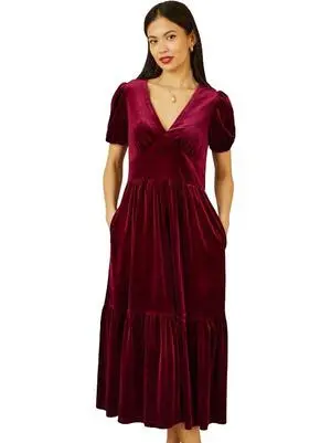 YUMI Velvet Midi Dress - Burgundy