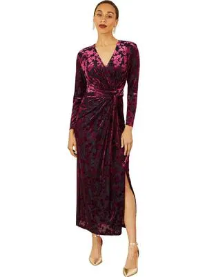 YUMI Velour Stretch Midi Wrap Dress - Burgundy